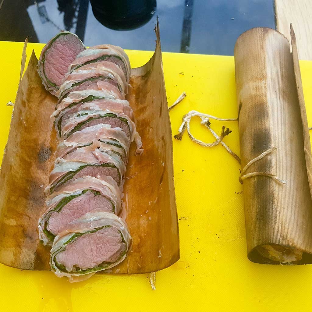 Cedar Wrapped Goat Loin with Pancetta and Spinach – FireFly Barbecue